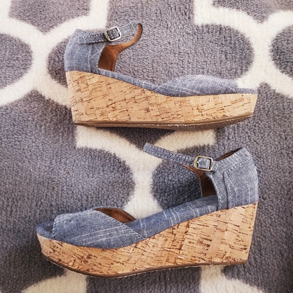 Toms | Shoes | Toms Chambray Denim Cork Platform Peep Toe Wedge | Poshmark